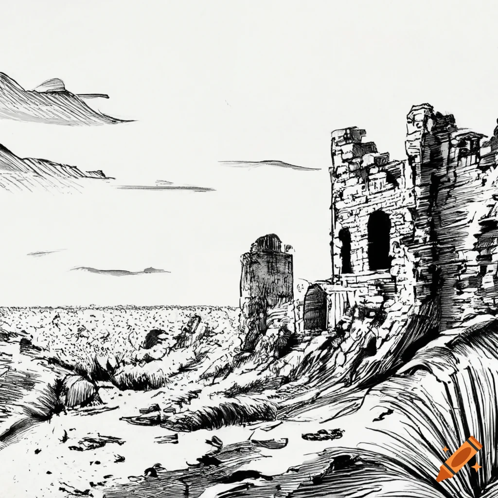 Black and white ink drawing. an ancient ruined fortress. in the desert ...