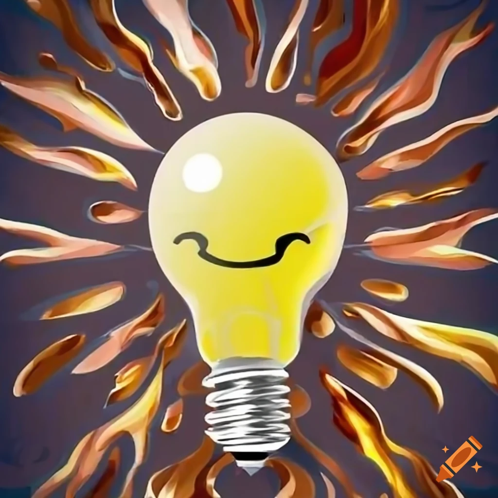 Cheerful lightbulb with eyes in front of a little explosion on Craiyon