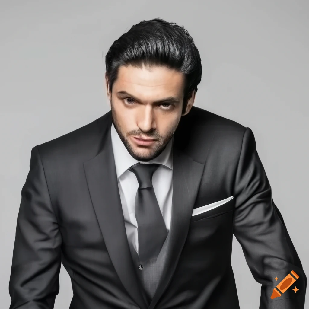 Handsome spanish man in a dark suit in front of a white background