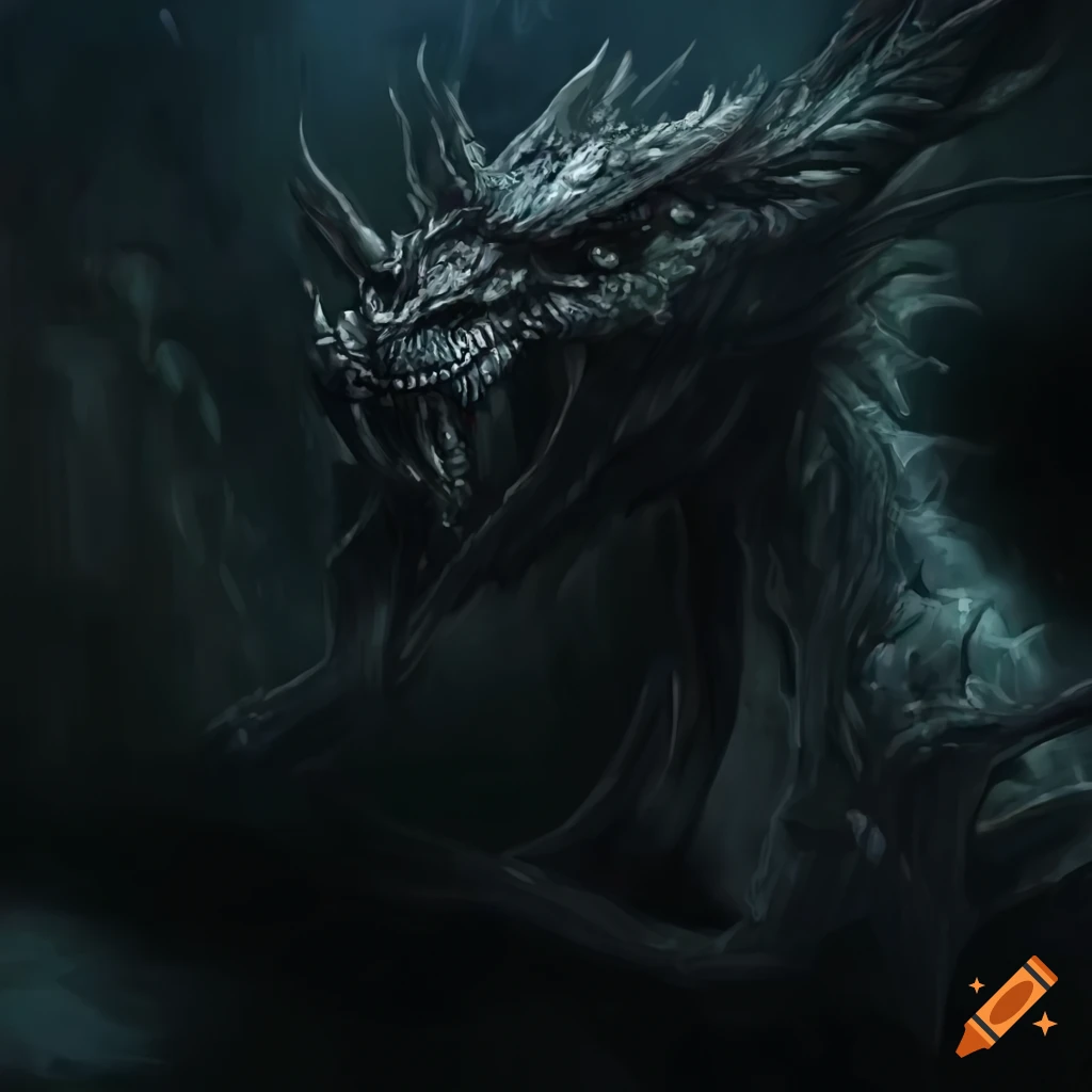 Fantasy, detailed, dragon creeping in a dark misty abyss on Craiyon
