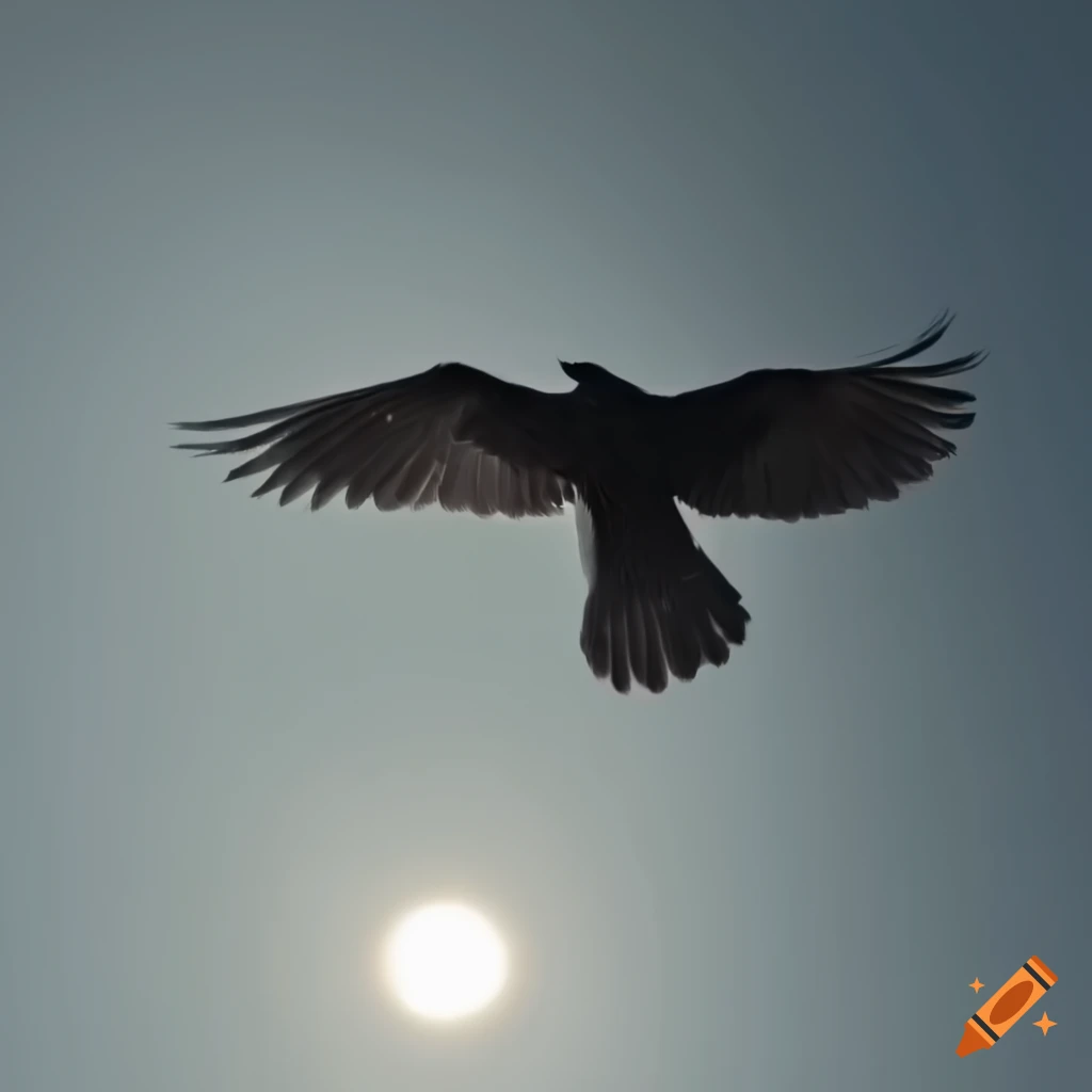 Crow flying in front of the sun
