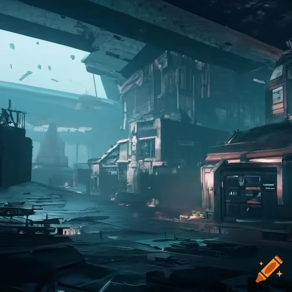 Sci-fi, abandoned warehouses, hideout, sci-fi city landscape with flying cars in the background ...