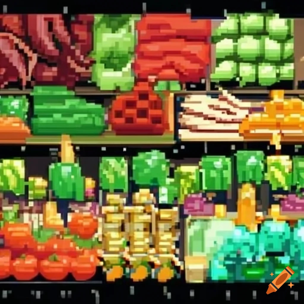 A stall at super market of vegetables pixel art top view on Craiyon