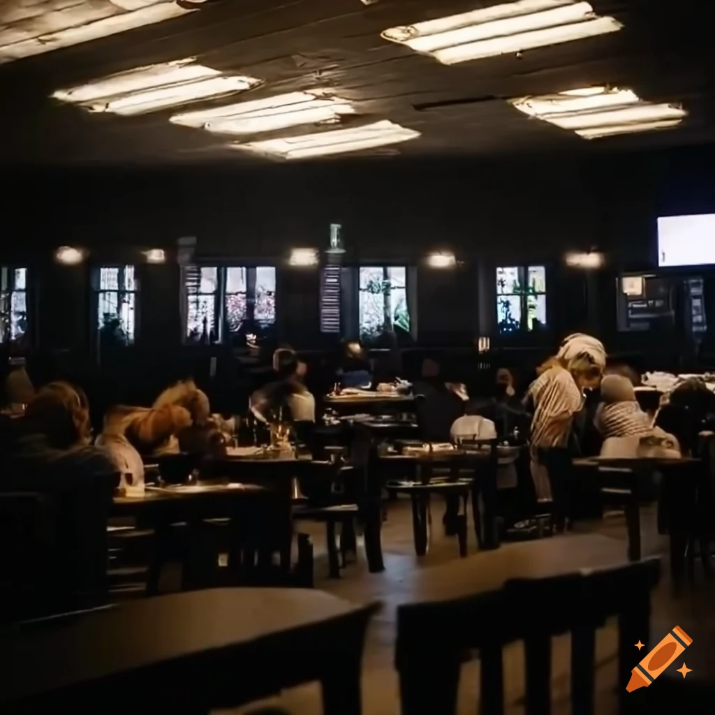 Real life, liminal space, a college cafe space, dim lighting high ...