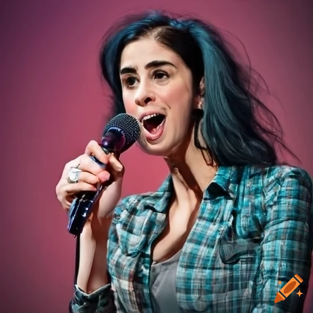 Comedian sarah silverman on stage at a comedy club holding a microphone ...