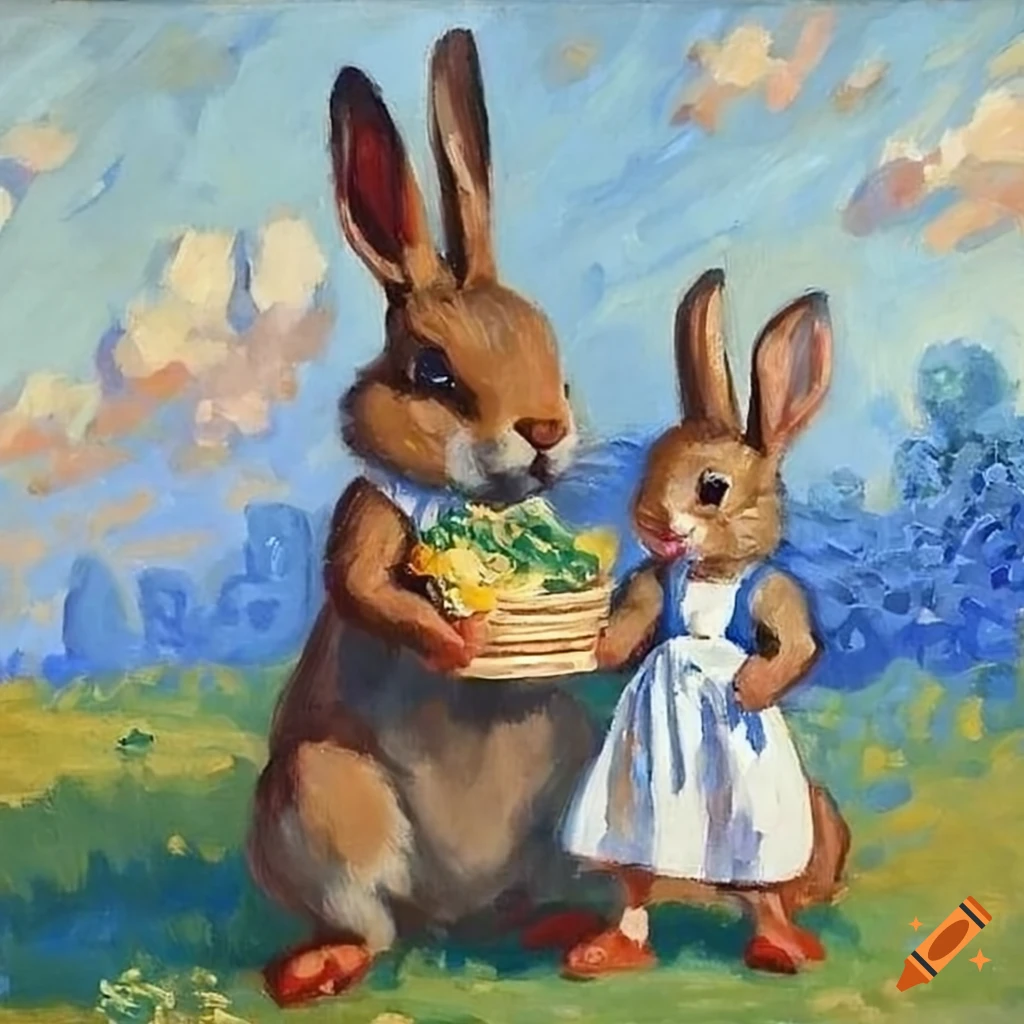 Classic painting of 2 brown rabbits with white spots wearing overalls ...