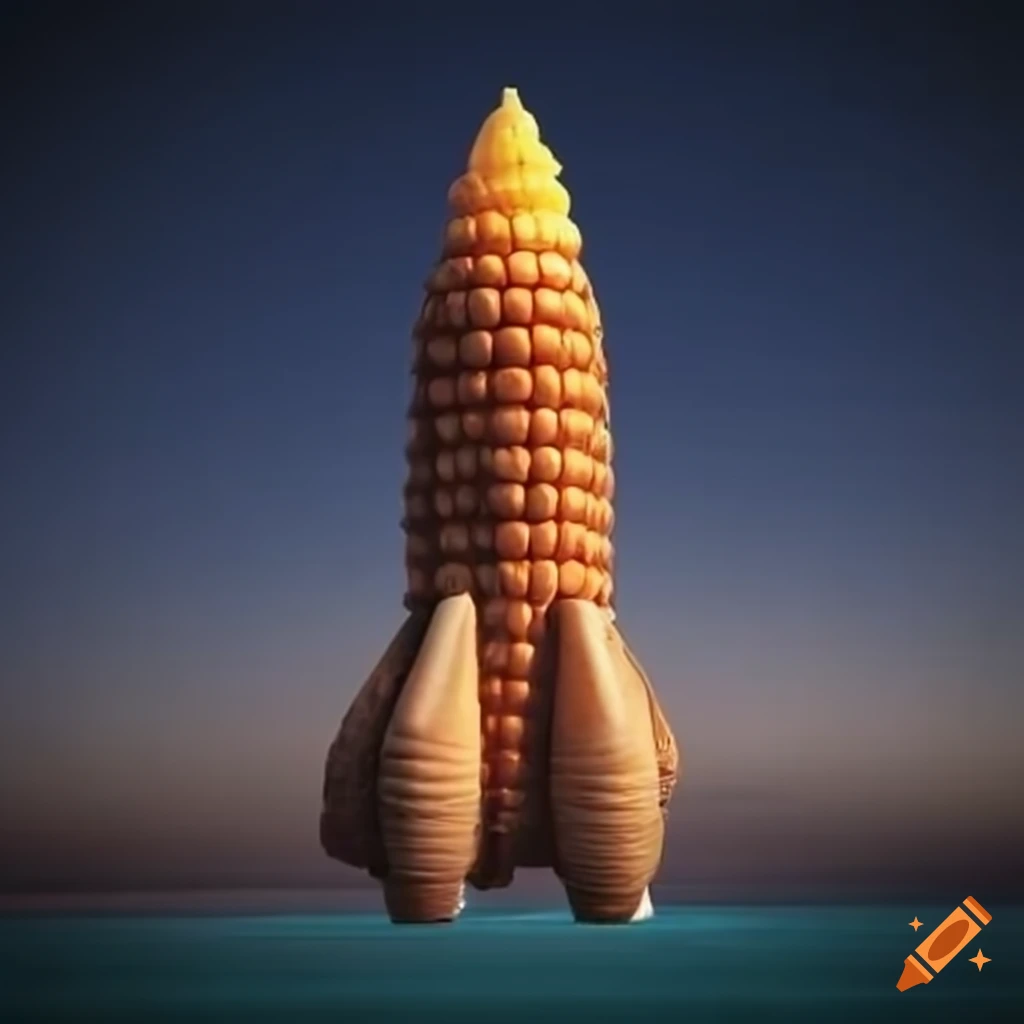A rocket shaped like a corn, flying through space on Craiyon