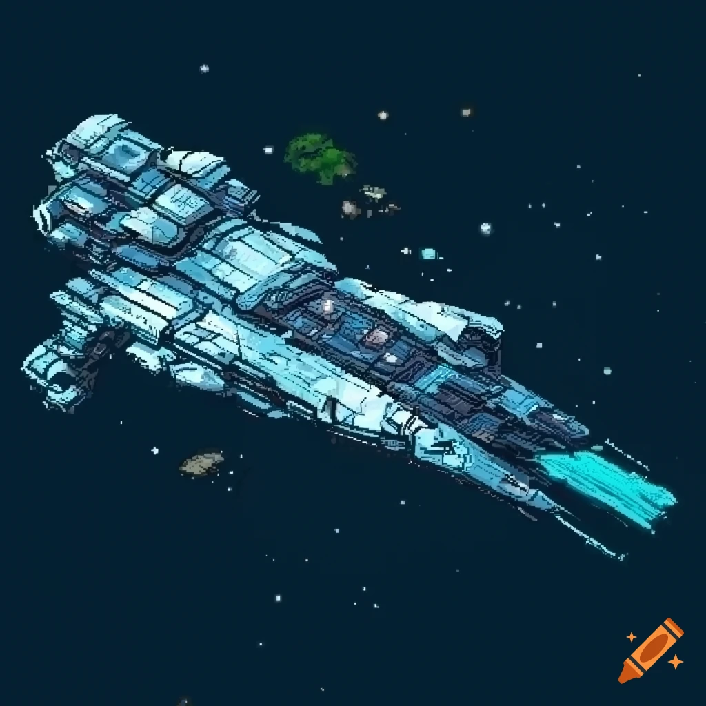 Space futuristic ship firing its weapon, front view, pixel art on Craiyon
