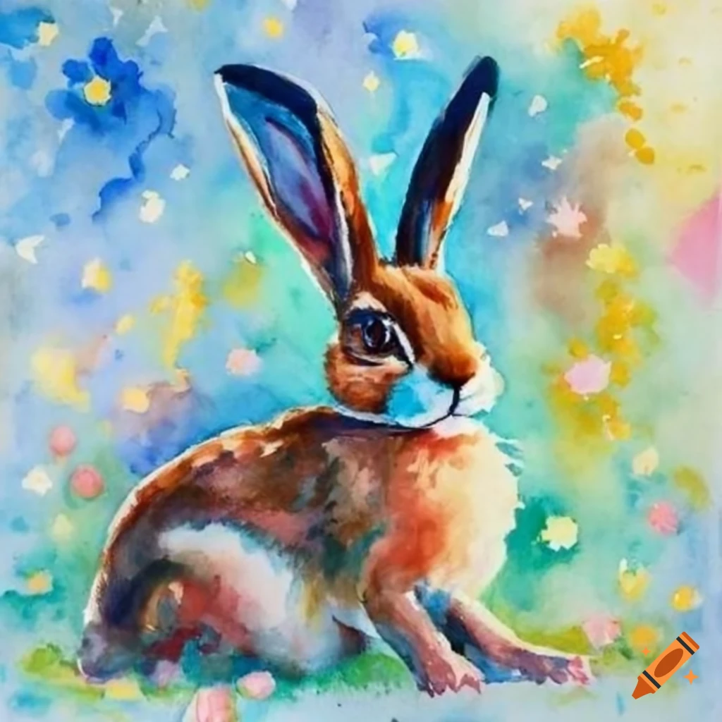 A beautiful watercolor painting of a holiday-themed hare with vintage ...