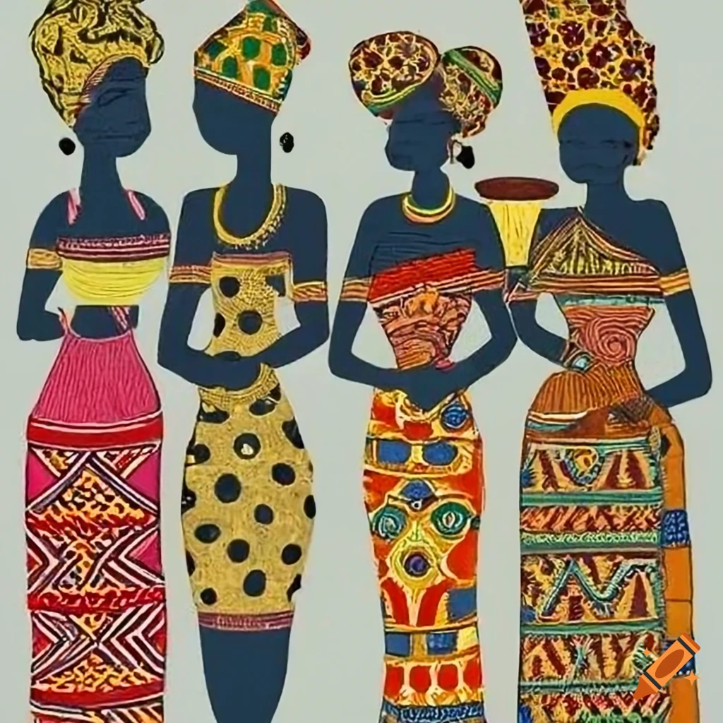 A group of women in African dress holding vases and sitting, African ...