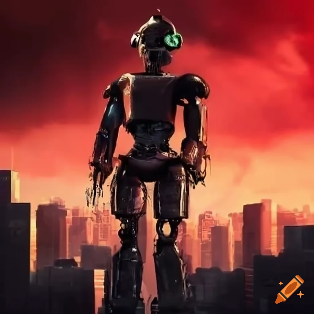 Evil robot in a crumbled city with red clouds