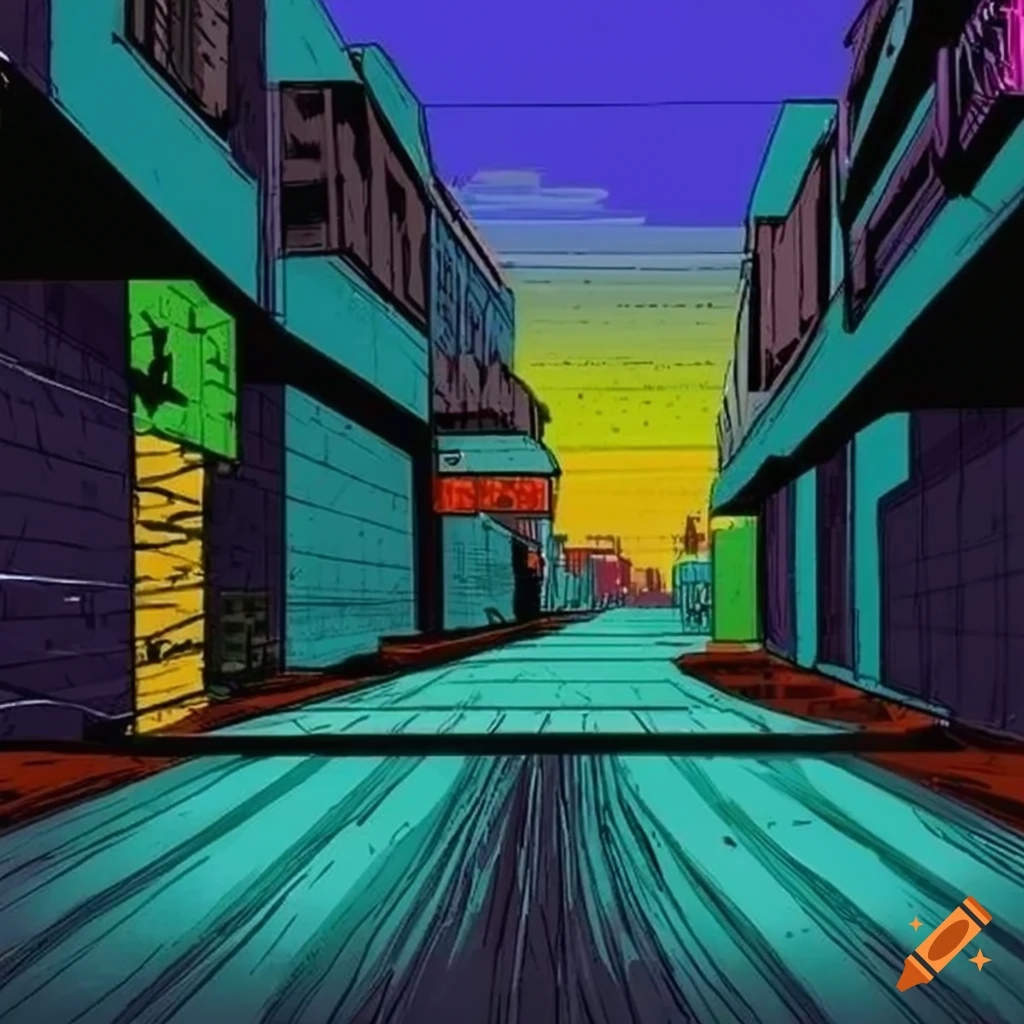 Streets drawn in 80s colored comic style