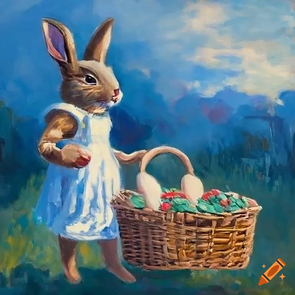 Classic painting of 2 brown rabbits with white spots wearing overalls ...