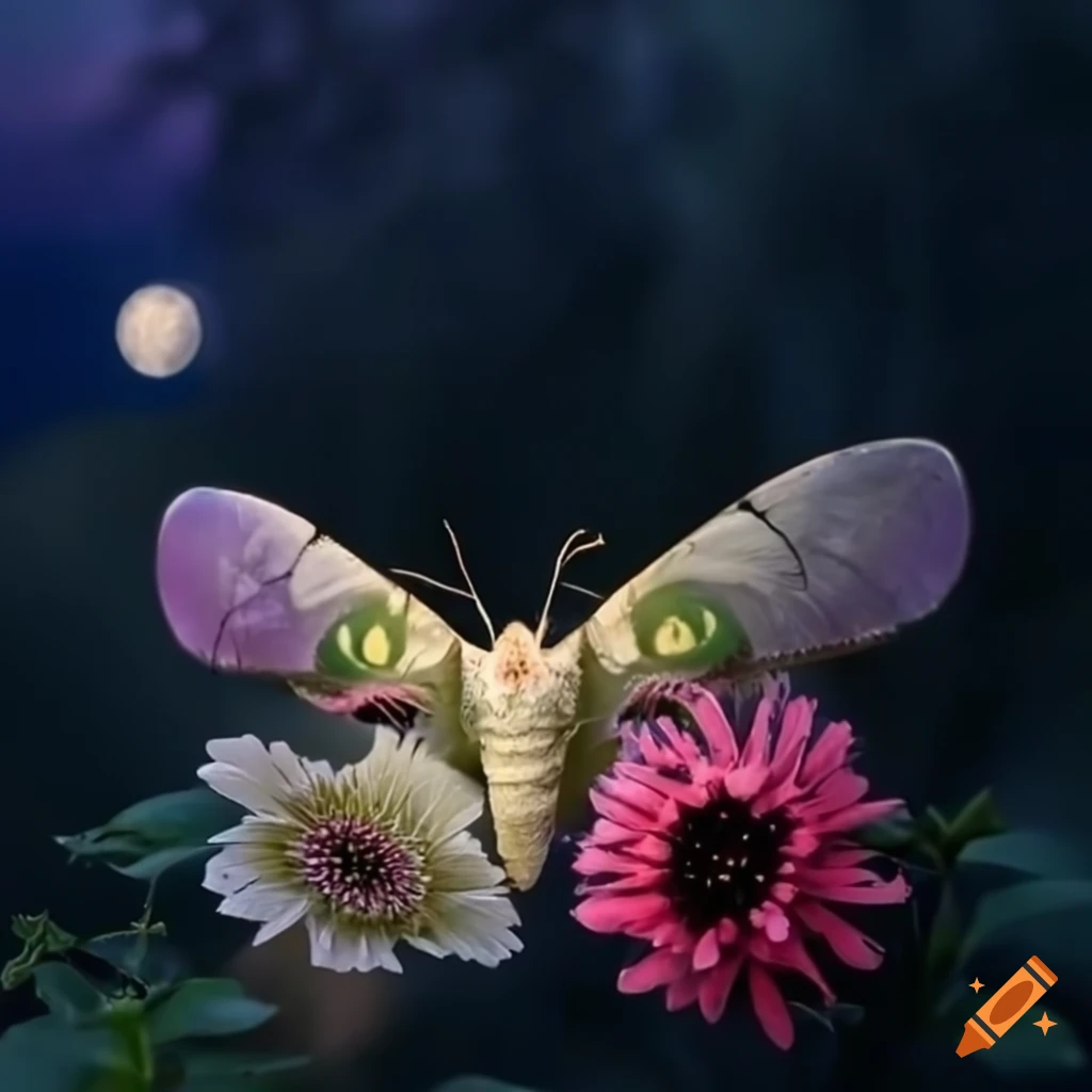 A mystical moth surrounded by blooming plants in a moonlit forest