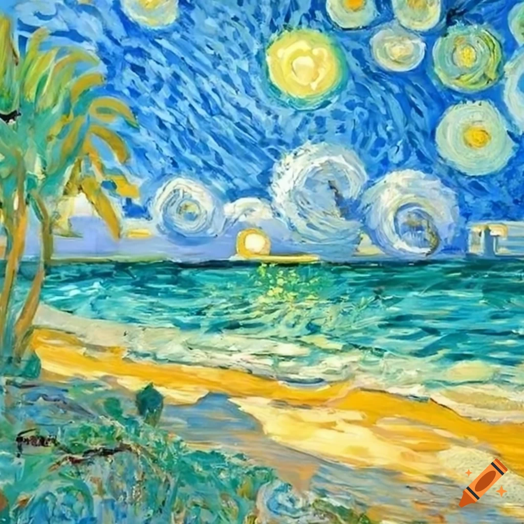 A serene beach in the Bahamas, golden hour, Vincent van Gogh on Craiyon