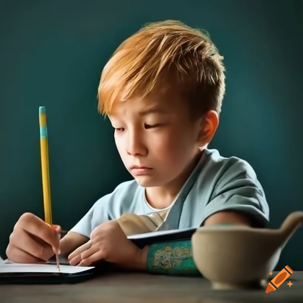 Boy is learning maths with kazakh culture