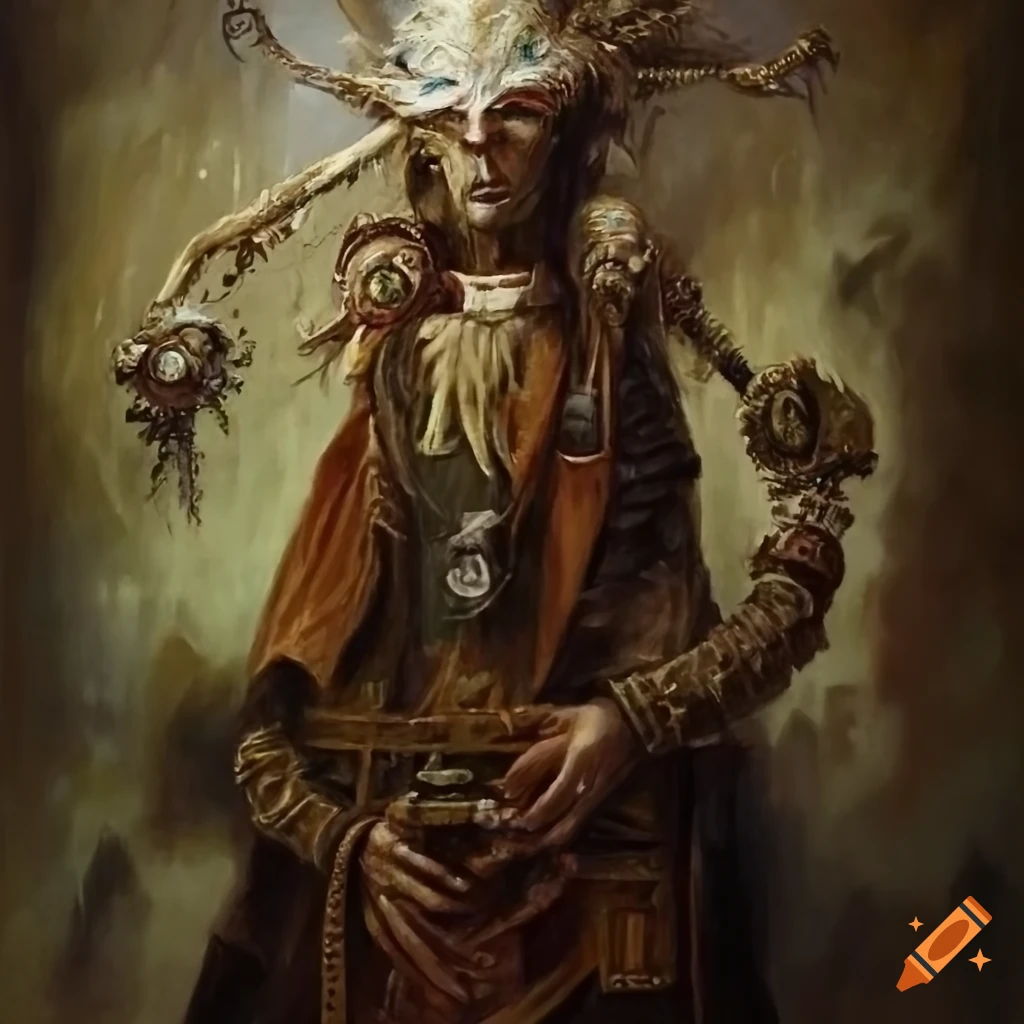 Surreal, post apacolyptic, steampunk, shaman, oil painting on canvass ...