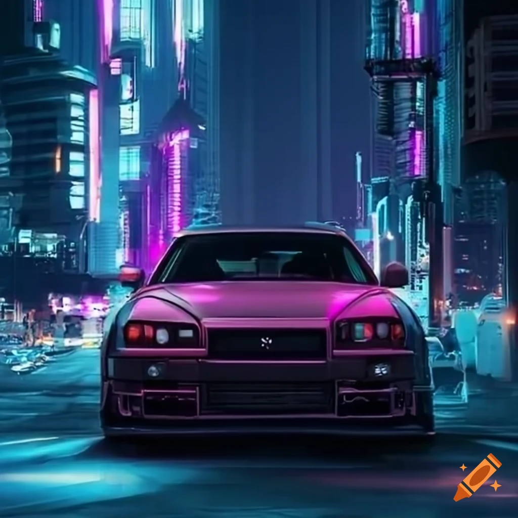 Aesthetic nissan r34 gtr in futuristic city on Craiyon