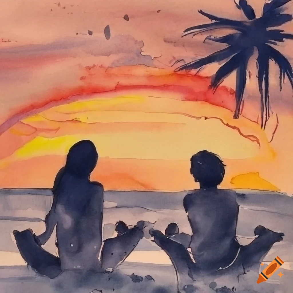 Two friends sitting, enjoying the sunset watercolor