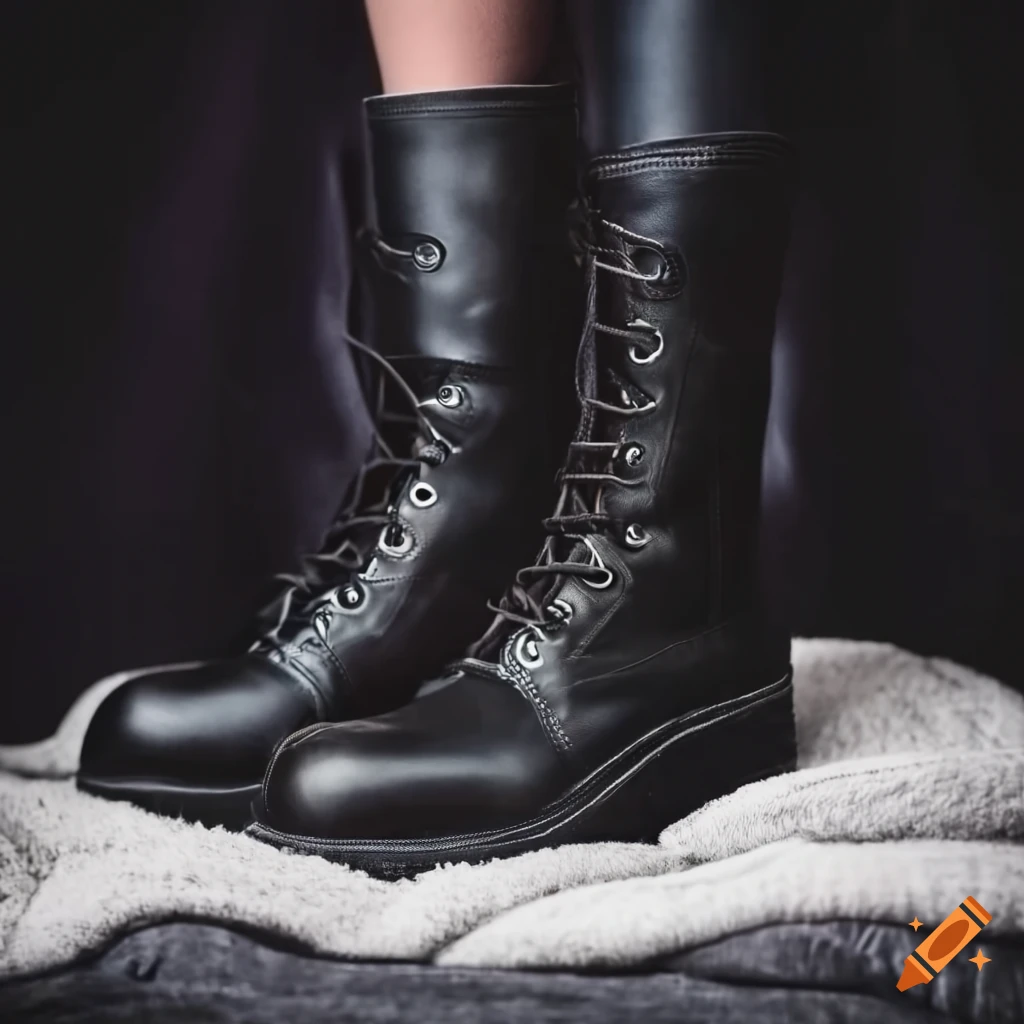 Young man's feet in black steel-toe combat boots standing on a cozy ...