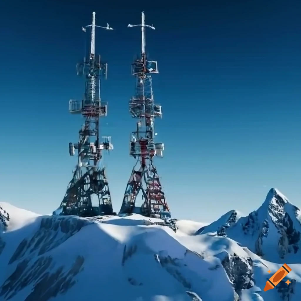Snow-capped mountains, with four mobile telecom towers on top, light ...