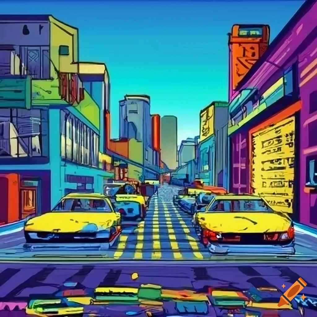 Streets drawn in 80s colored comic style