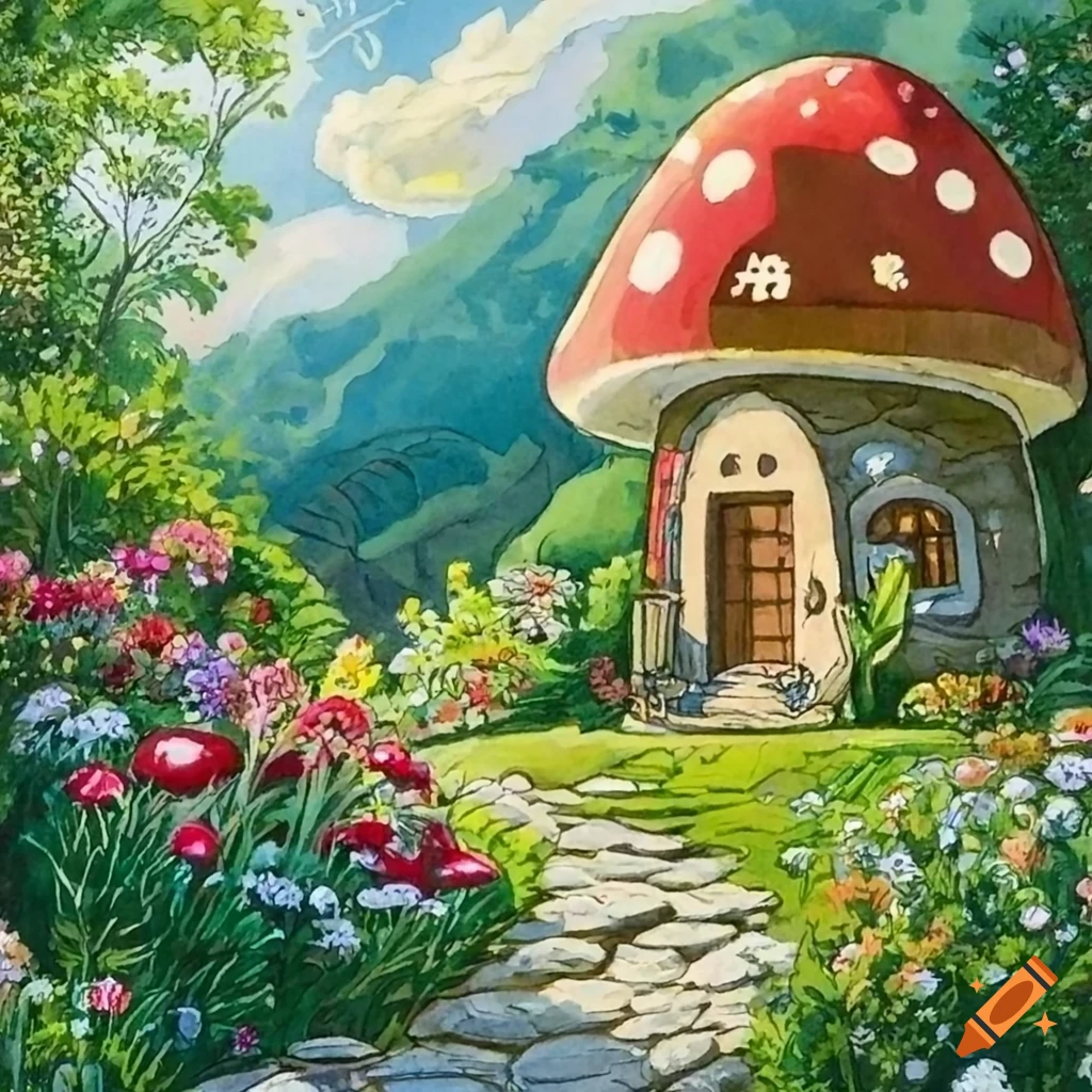 A mushroom house with a stone path, surrounded by flowers, sunrise ...