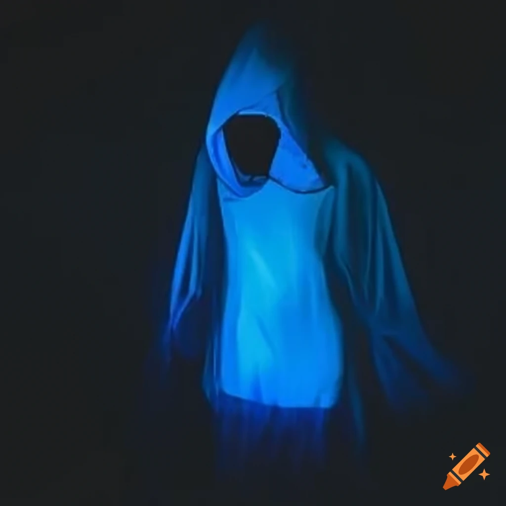 A hooded ghost with his face obscured by a neon blue wind