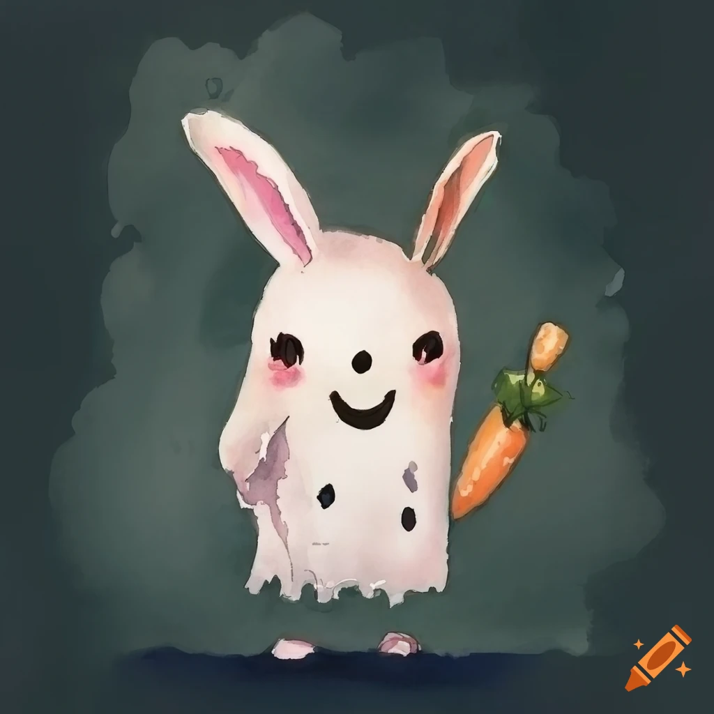 Aquarelle, cute, ghost with rabbit head, holding a carrot on Craiyon