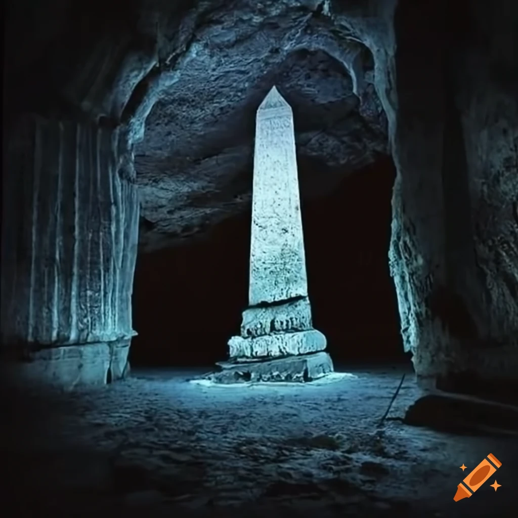 Ancient obelisk with mysterious inscriptions inside a cavernous darkness on Craiyon
