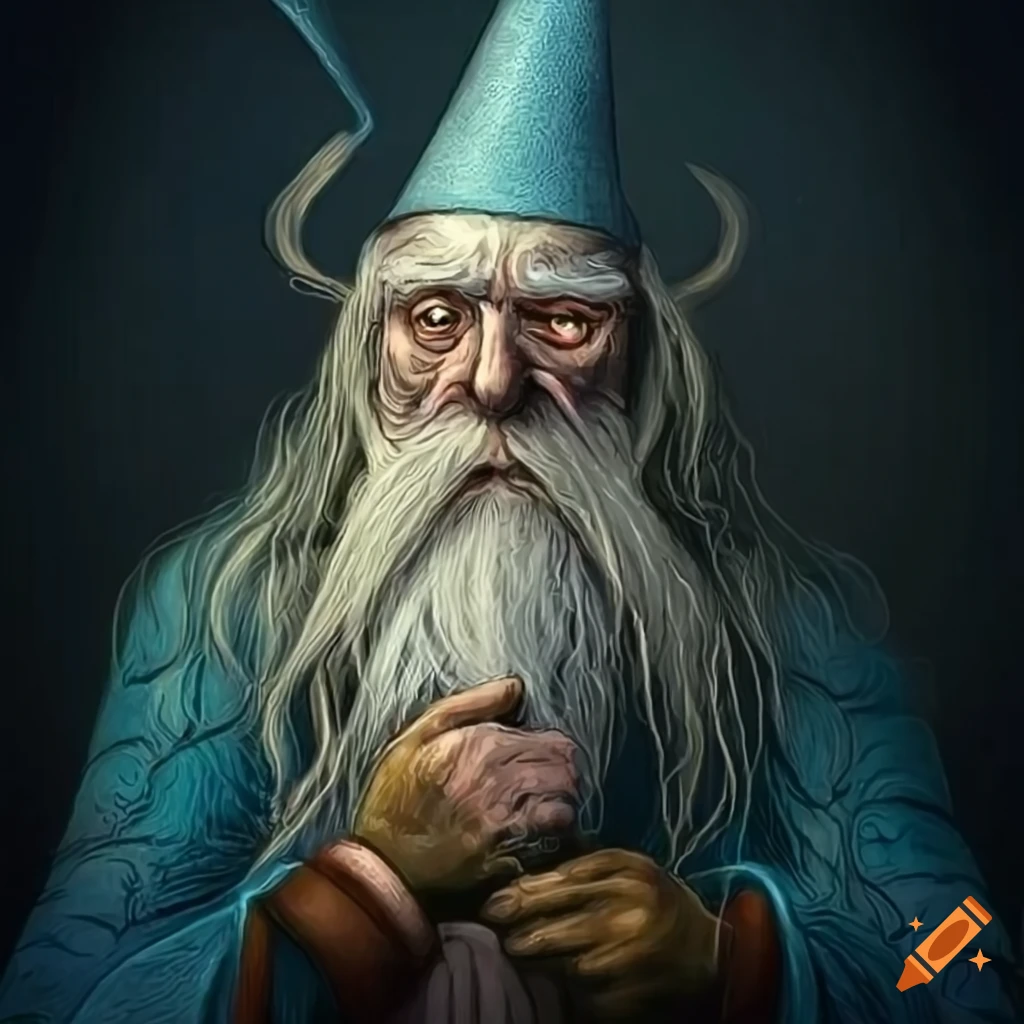 An old wizard with a pointy hat and a long grey beard accompanied by an ...