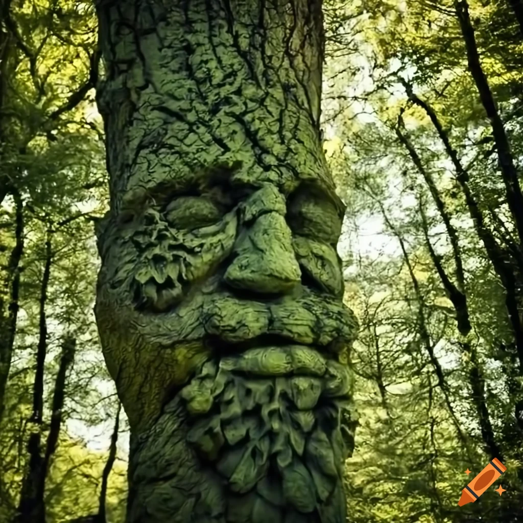 Intricate green man carving on an oak tree by a sunlit stream