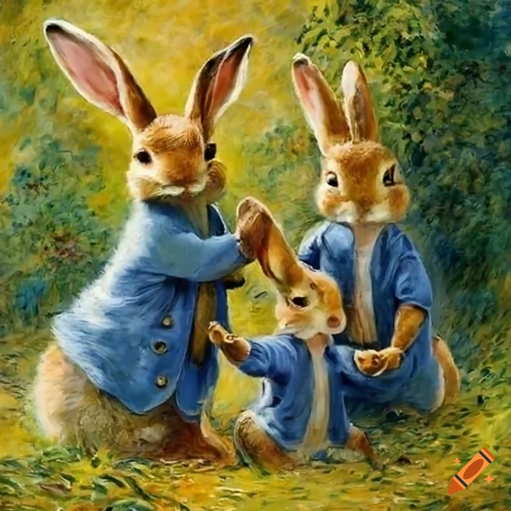 Peter rabbit family with mom and children, monet