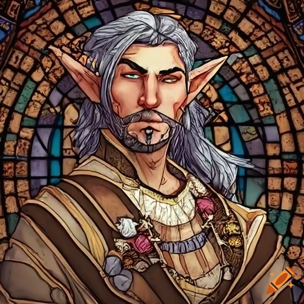 Baldur's Gate handsome bard with white beard and lute written in ...