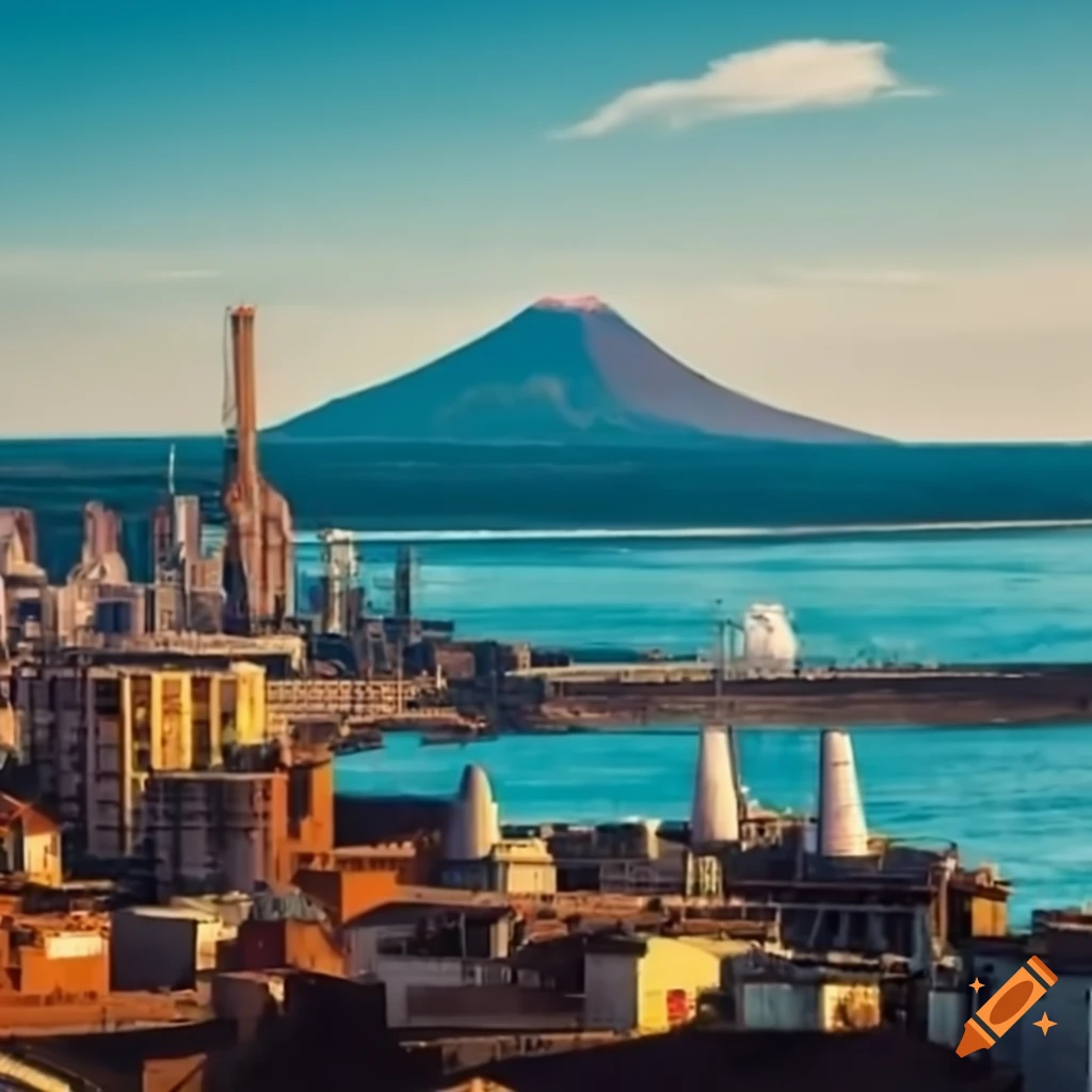 Large Industrial Coastal city in foreground on mainland, boiling ocean ...