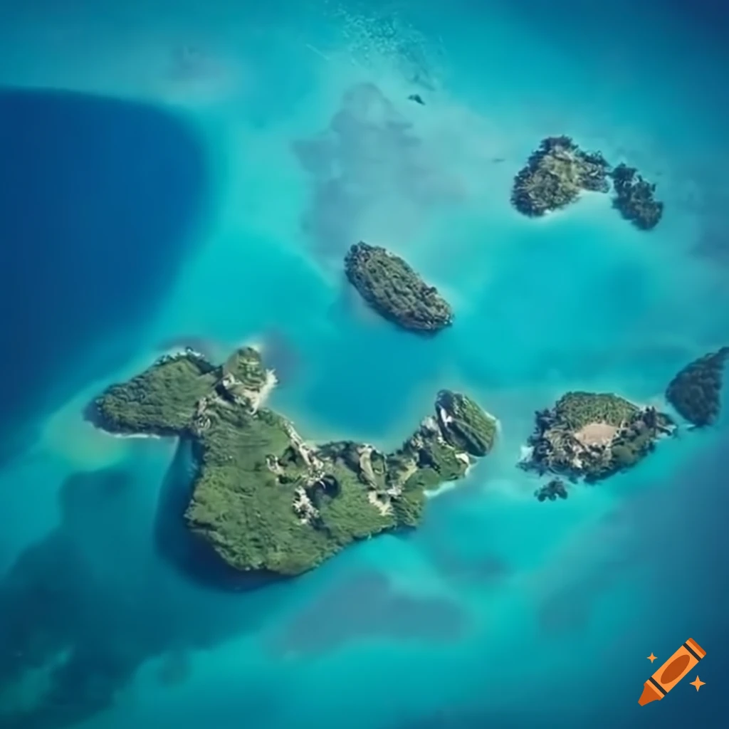 Oceon from above with 7 caribbean islands on Craiyon