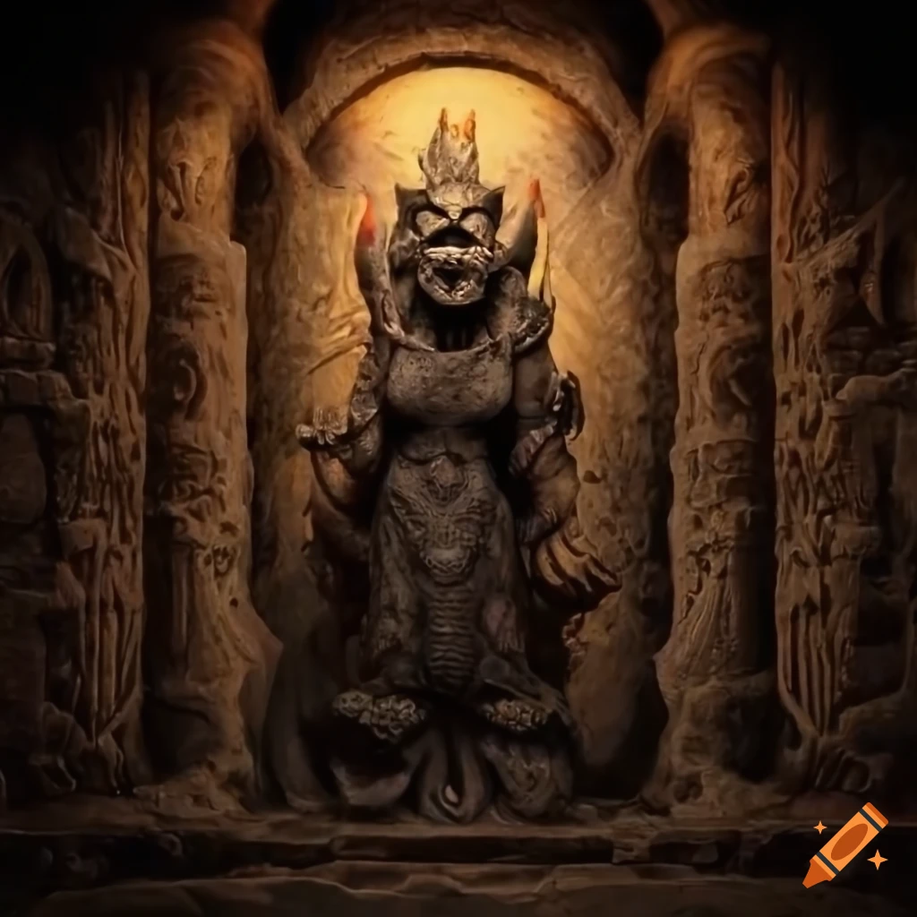 Statue of demon lord in wall niche, dungeon, stone walls on Craiyon