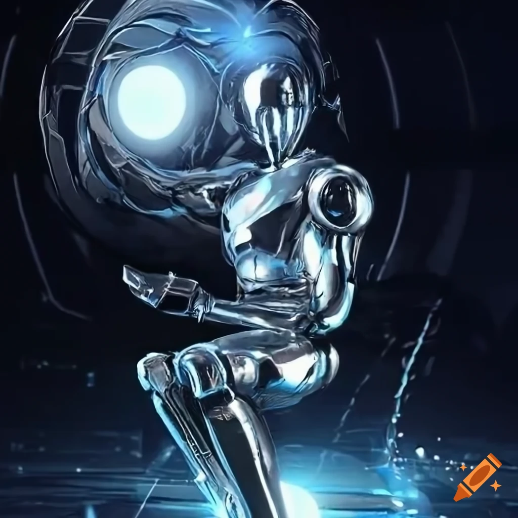 Shiny metallic chrome silver Robot man with sphere head and glowing ...