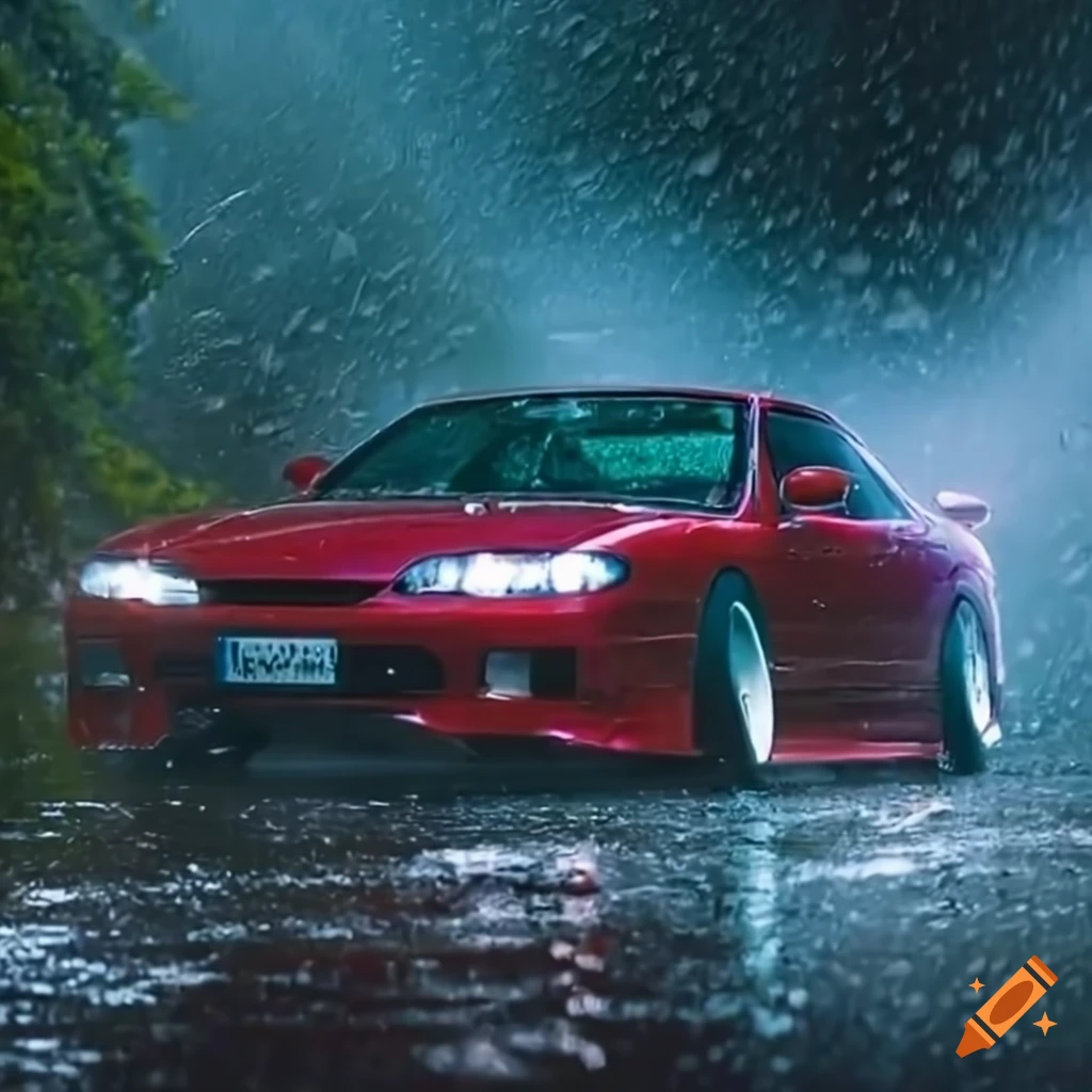 Nissan silvia s15 on a mountain road in the rain, during the night on ...