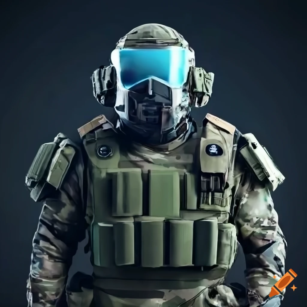 High-tech soldier wearing armored visor and protective gear