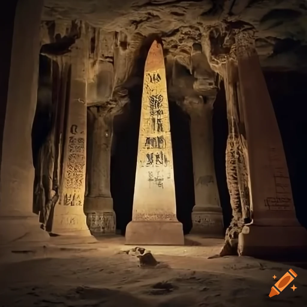 Ancient obelisk with mysterious inscriptions inside a cavernous darkness