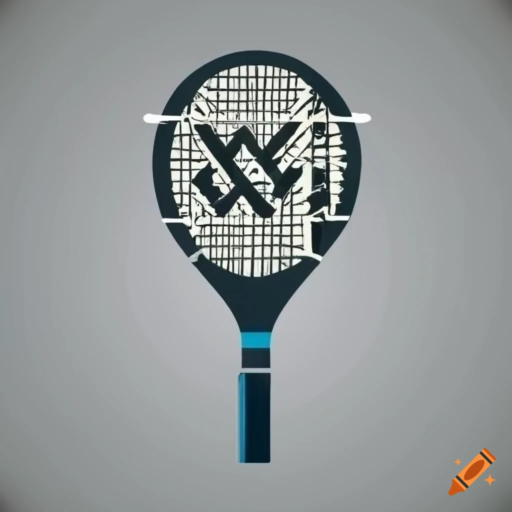 Graphic logo in the shape of a racket with the letters m and r