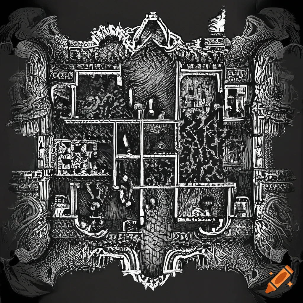 Large black and white sprawling dungeons and dragons style castle map ...