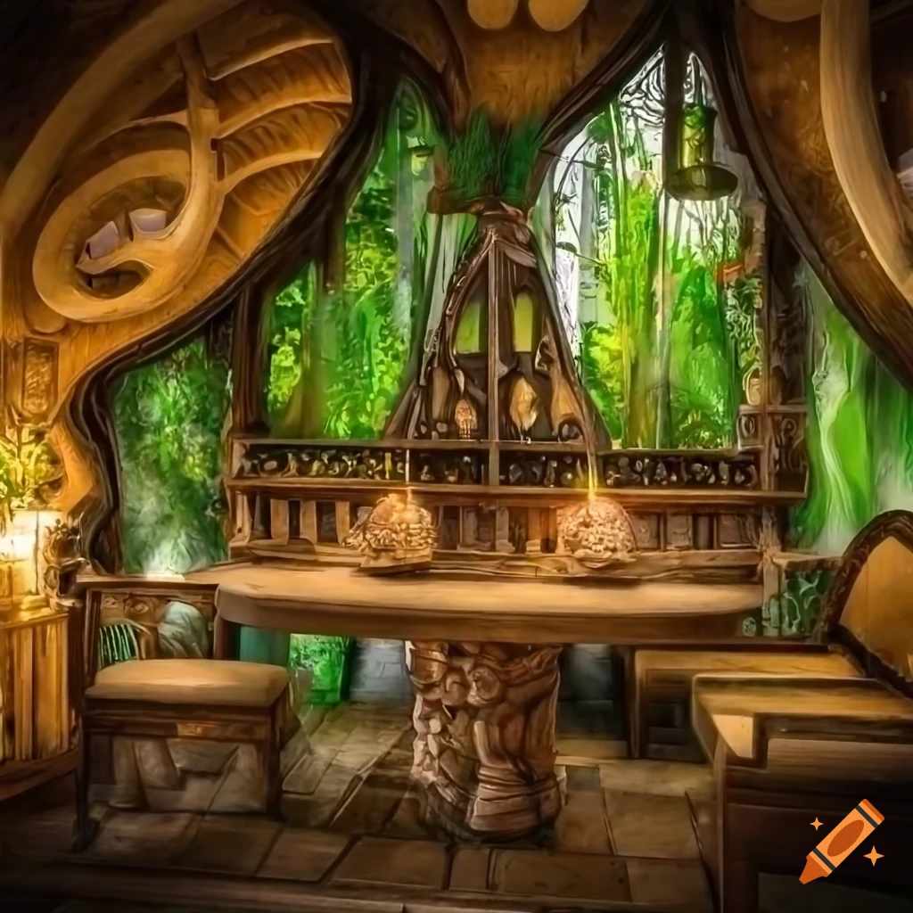 A magical elf tavern with intricate marble architecture and lush ...