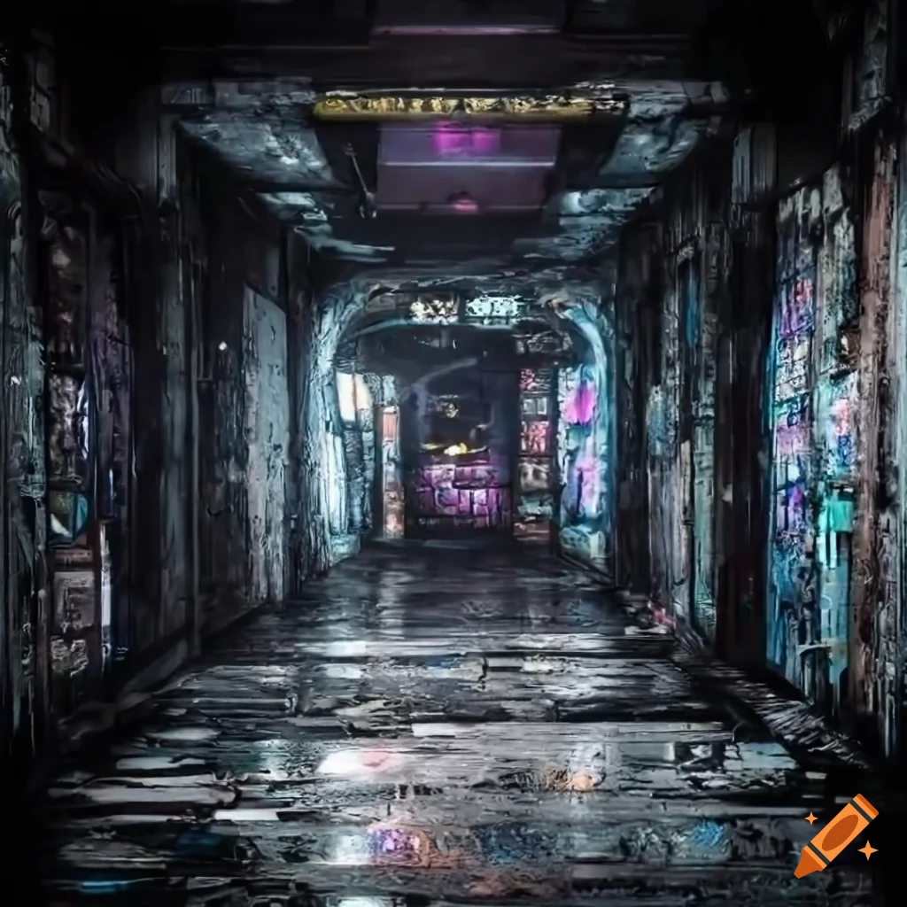 Cyberpunk tunnel, photorealistic, wet floor on Craiyon