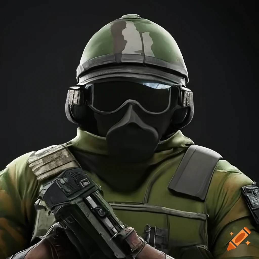 Fuze from the game Rainbow Six Siege, kneeling, holding head sized black device, black military ...