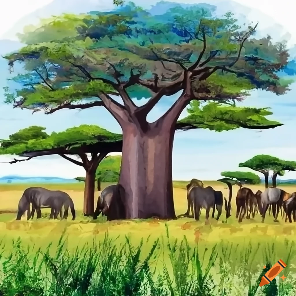 African herd near a tree in the high grass savannah on baobab sunny ...