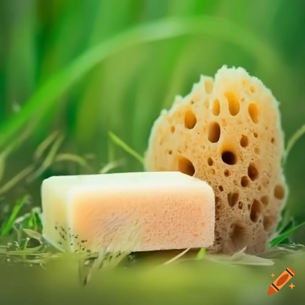 A sponge and a soap on the ground in the tall grass