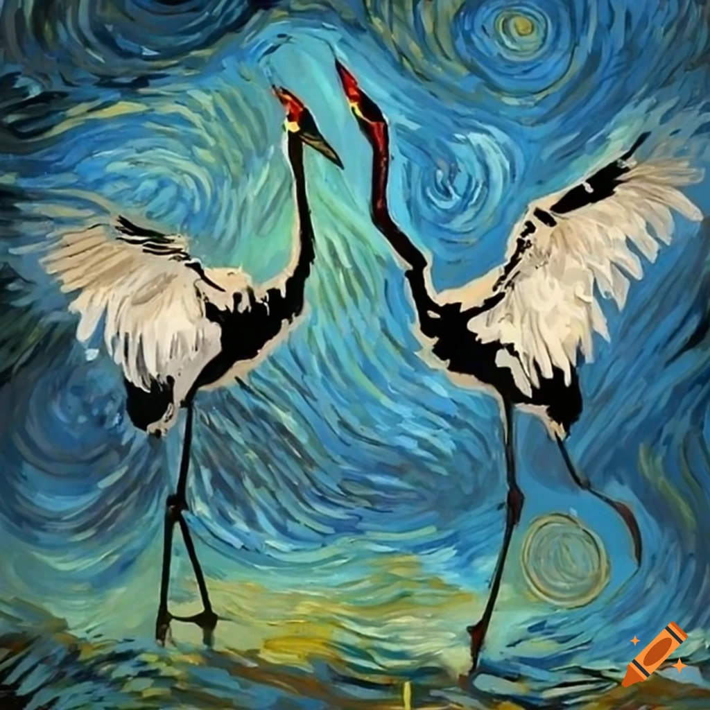 Two cranes dancing together slightly apart facing each other van gogh ...