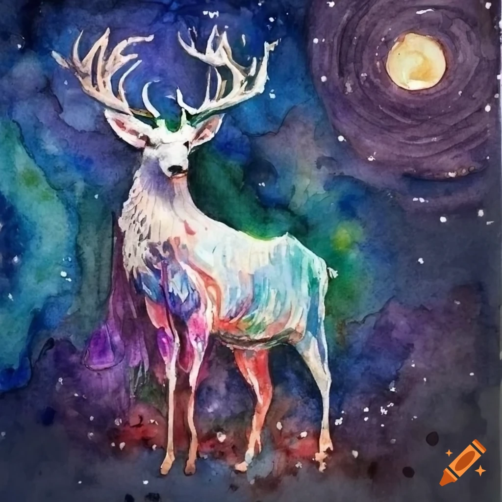 A watercolor mythical white stag against starry night on Craiyon